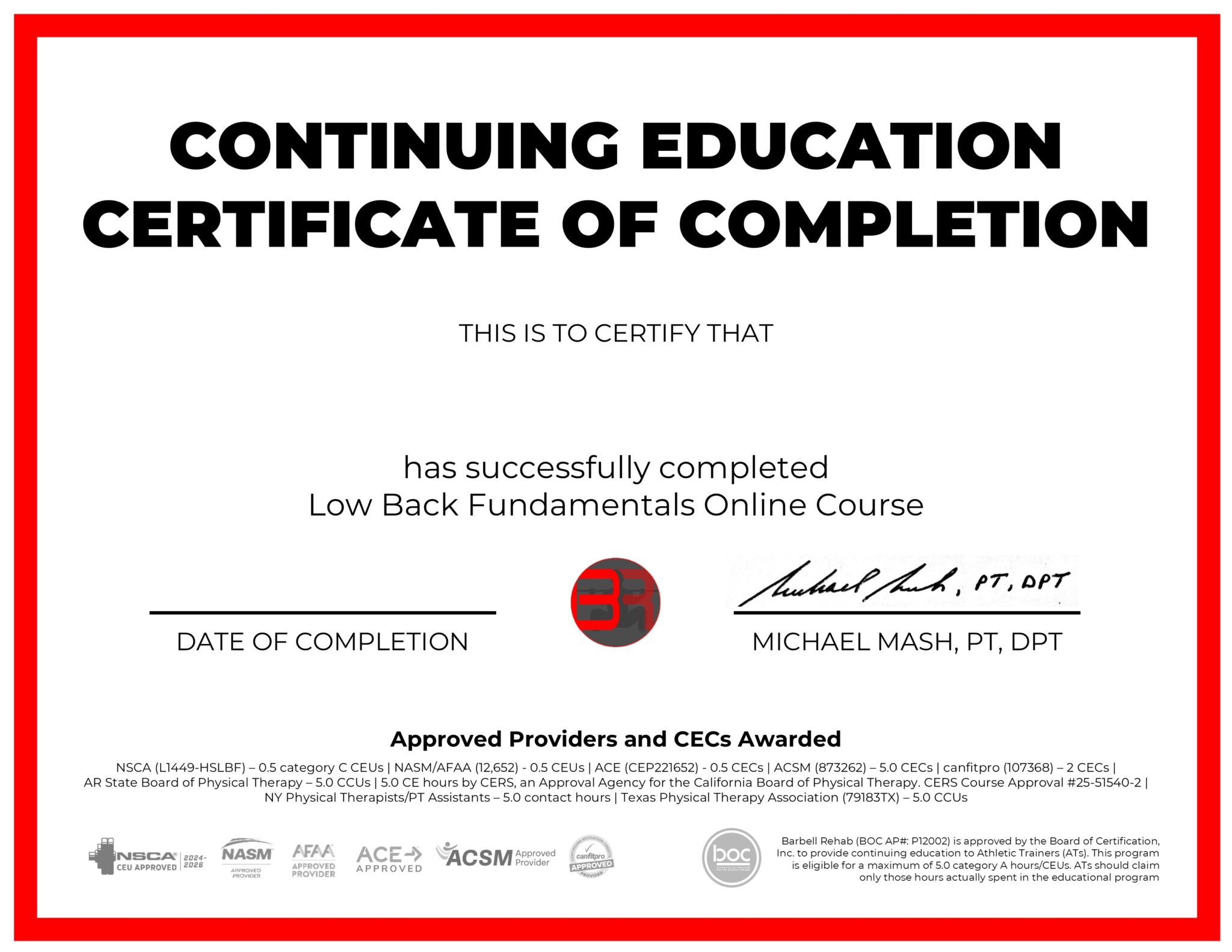 Low Back Certificate 1-1-2026 - Barbell Rehab